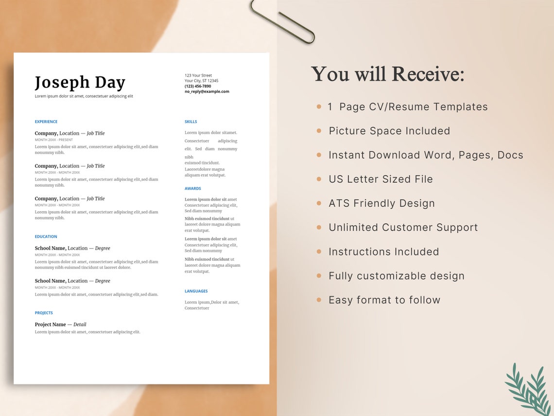 ATS Friendly Resume Template for Google Docs, Word and Pages Resume ...