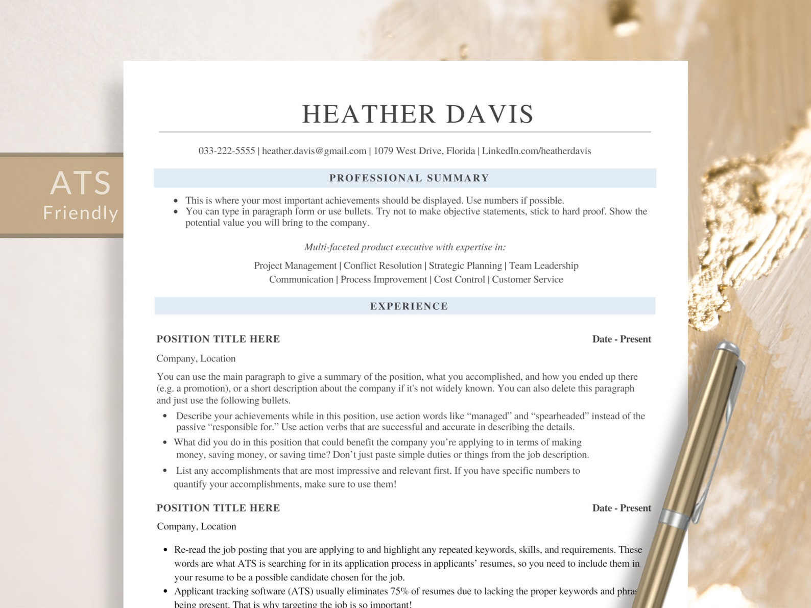 ATS Friendly Resume Template for Google Docs, Word and Pages Resume ...