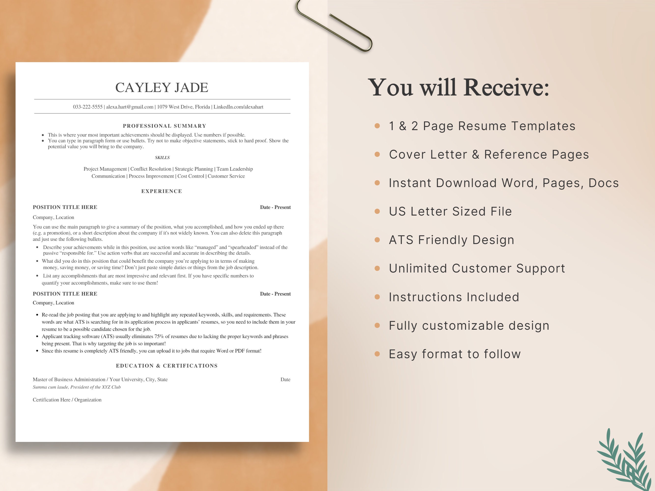 ATS Resume Template Word, Pages, Google Docs, Minimalist ATS CV ...
