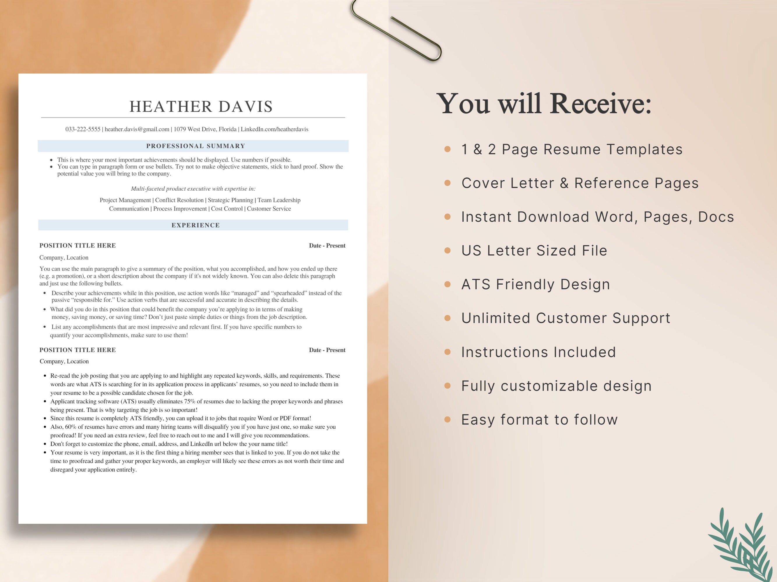 ATS Friendly Resume Template for Google Docs, Word and Pages Resume ...