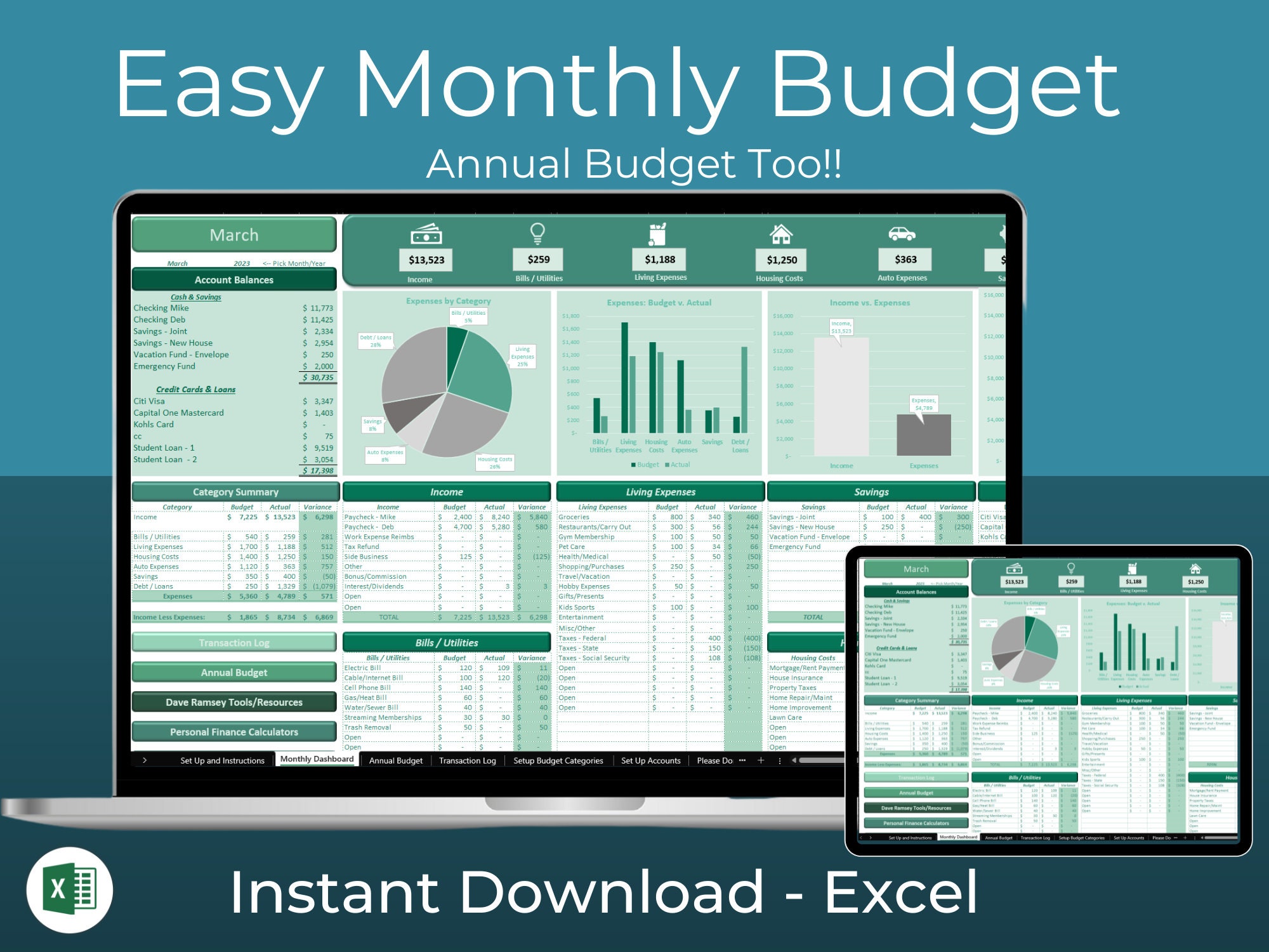 Easy Monthly & Annual Budget Template - Etsy