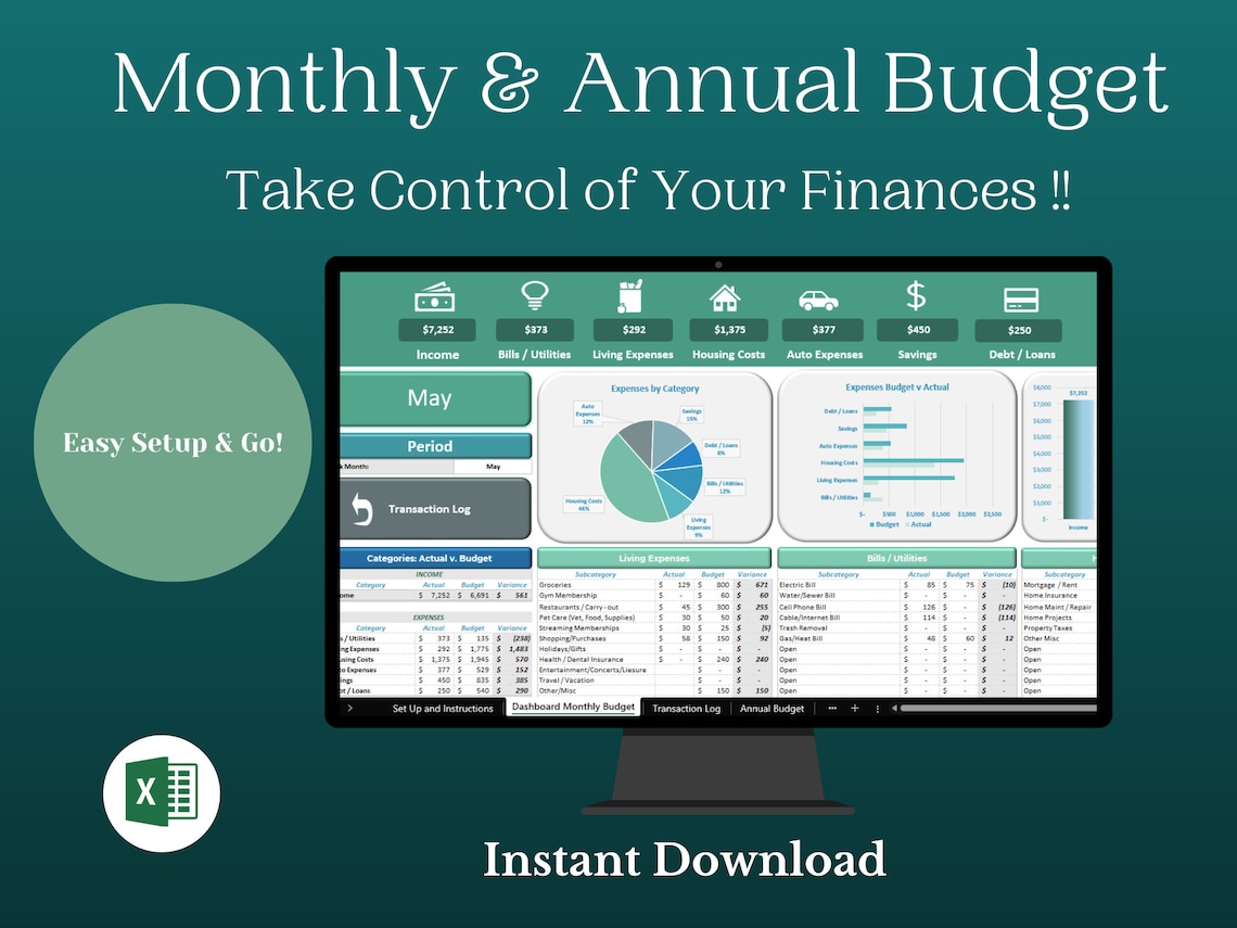 Monthly & Annual Budget Template Excel Spreadsheet - Etsy