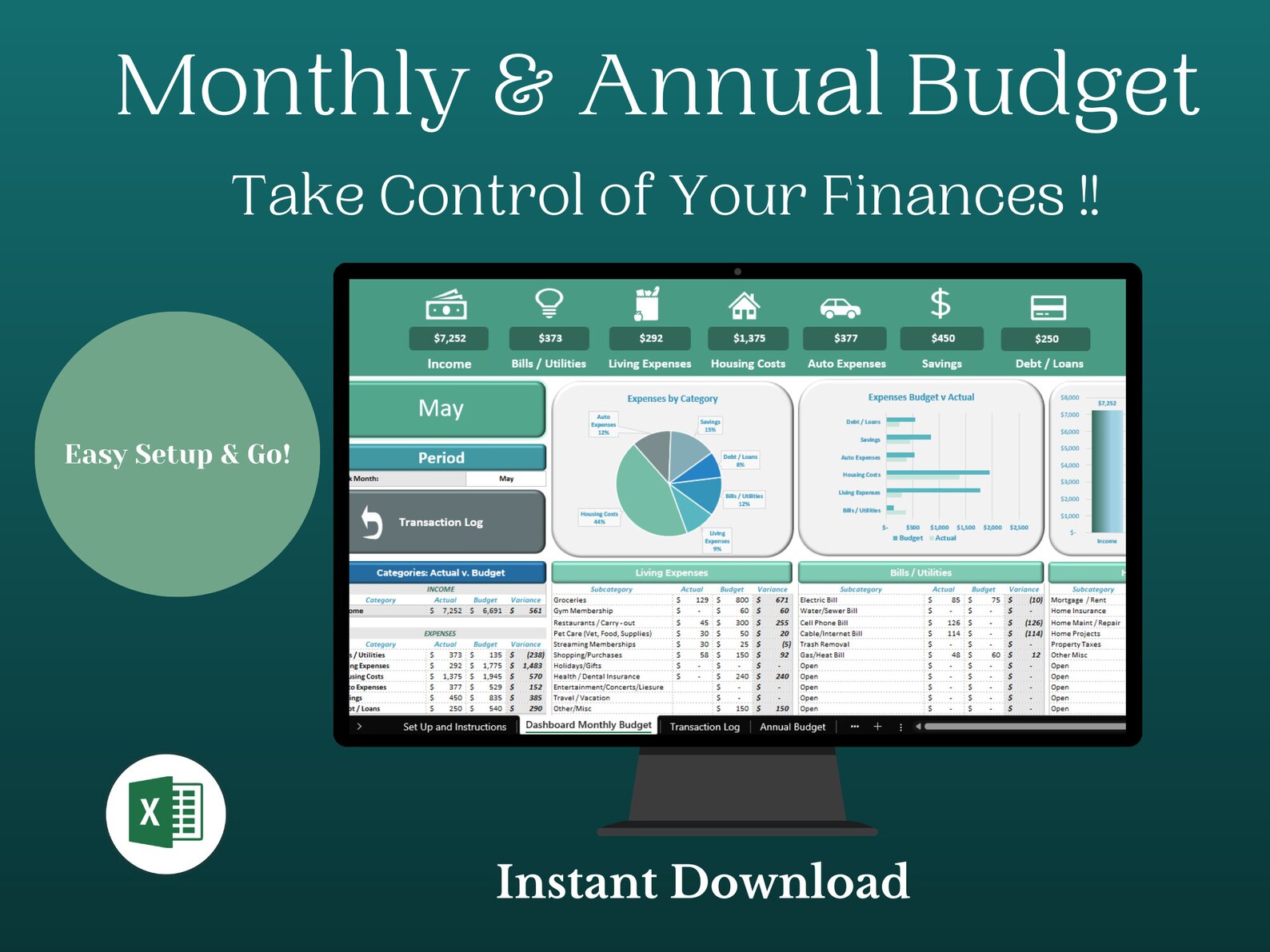 Monthly & Annual Budget Template Excel Spreadsheet - Etsy