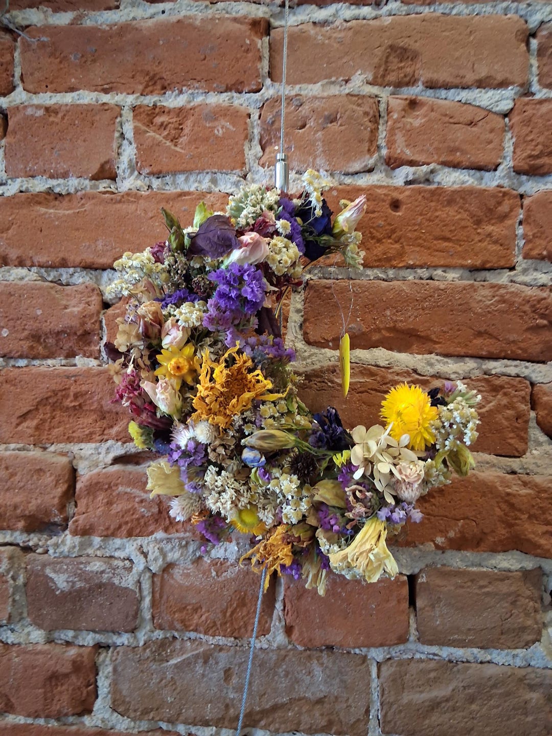 Dried Moon Shaped Flower Wreath W/ Purple, Yellow, Strawflowers ...