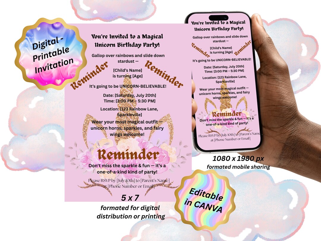 Party Invite Reminder Digital Girl Birthday Reminder Unicorn Pink Event ...