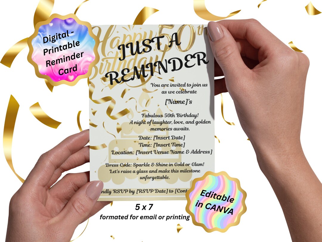 Reminder Card 50th Birthday Party Gold Elegant Event Follow-up Notes ...