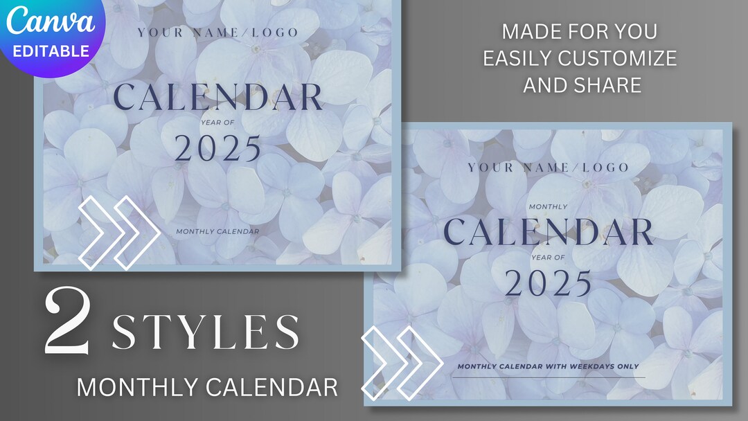 2025 Canva Editable Monthly Calendar - 2 Types of Monthly Calendars ...