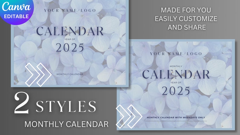 2025 Canva Editable Monthly Calendar - 2 Types of Monthly Calendars ...