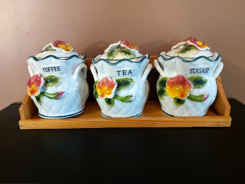 Vintage 3 Piece Flower Canister Set Tea, Sugar, Coffee and Wooden ...