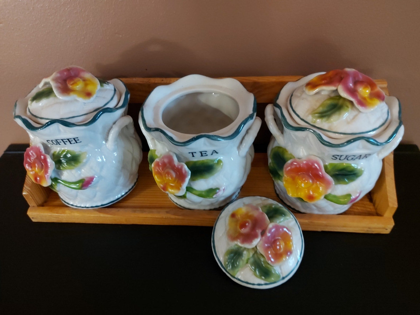 Vintage 3 Piece Flower Canister Set Tea, Sugar, Coffee and Wooden ...