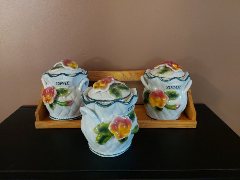 Vintage 3 Piece Flower Canister Set Tea, Sugar, Coffee and Wooden ...
