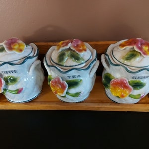 Vintage 3 Piece Flower Canister Set Tea, Sugar, Coffee and Wooden ...