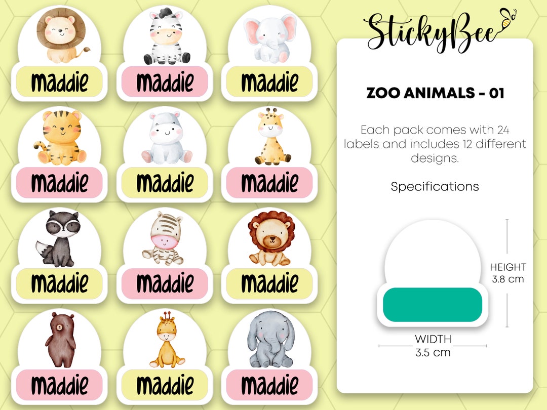 Kids Name Labels Zoo Animal Sticker Cute Animal Stickers Waterproof ...