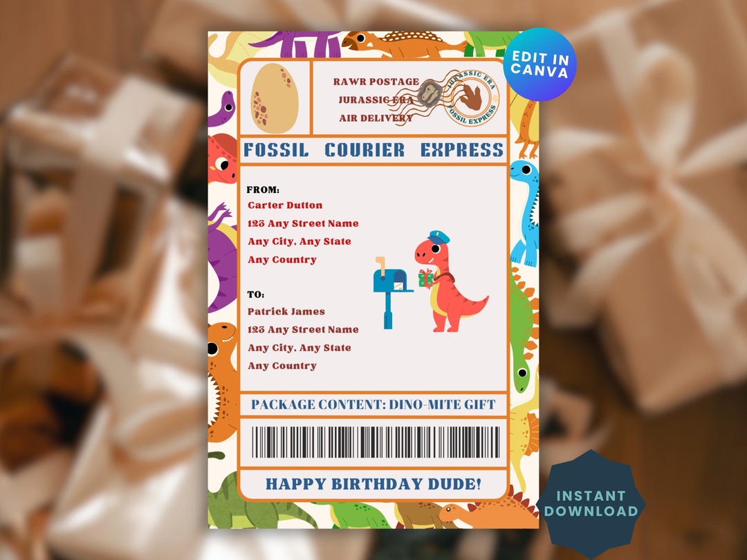 Dinosaur Birthday Shipping Label Template Fun Editable Printable Party ...