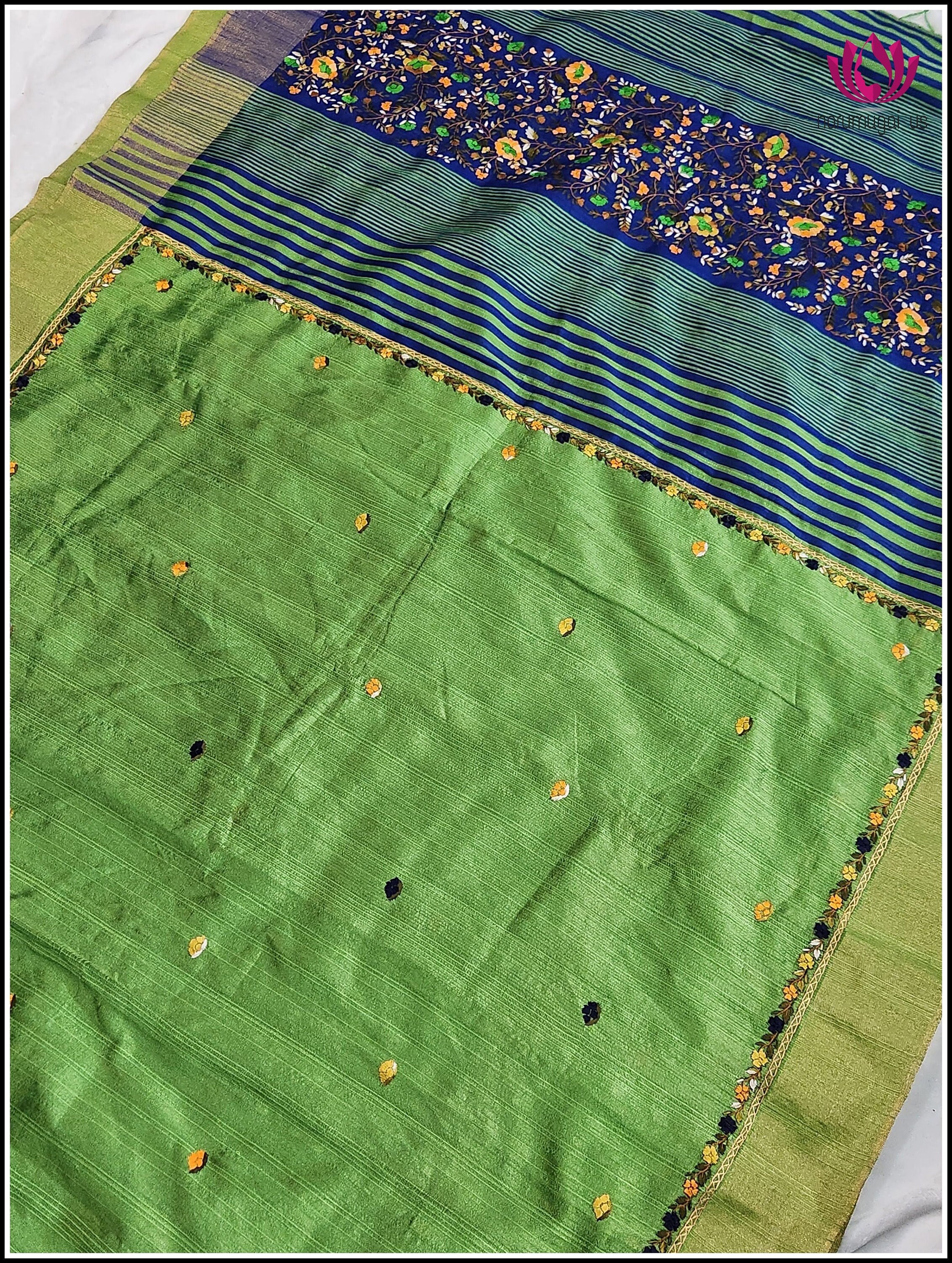 Cotton Jute Silk Saree in Green With Hand Embroidered Designs - Etsy
