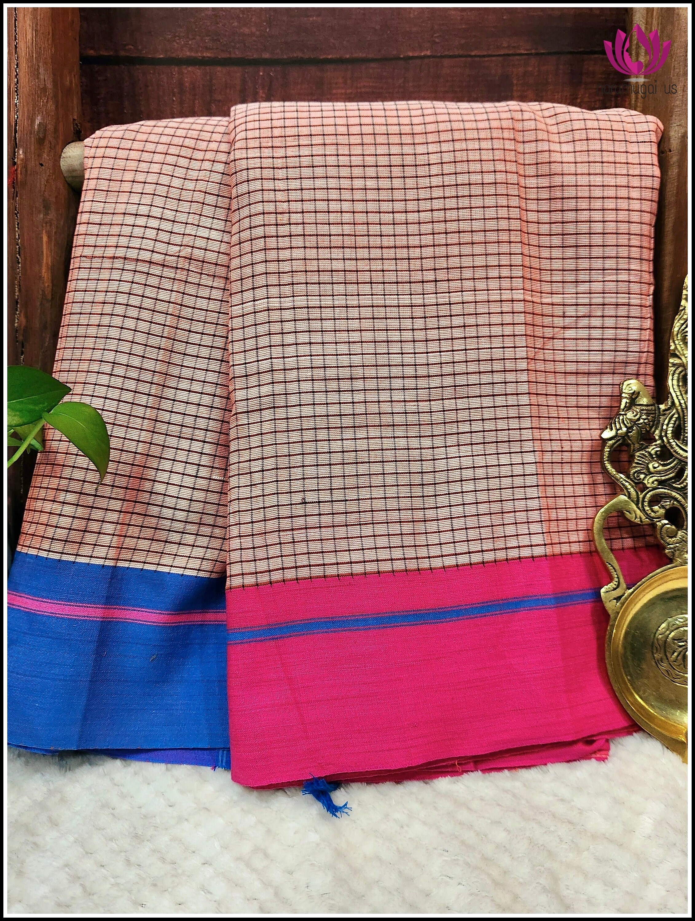 Patteda Anchu Saree in Pastel Peach Checked With Ganga Jamuna Border ...