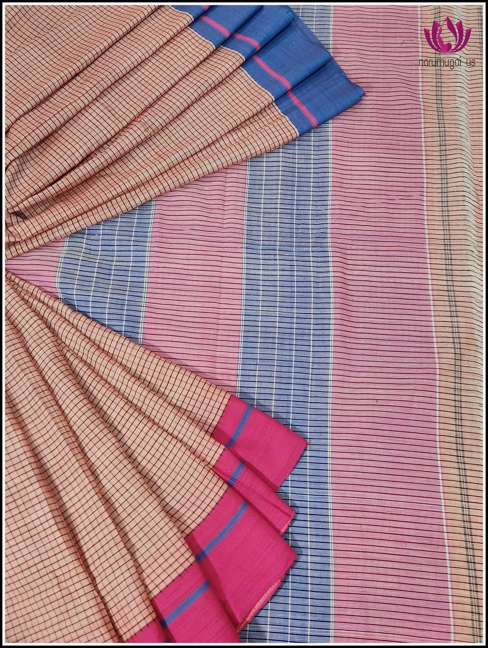 Patteda Anchu Saree in Pastel Peach Checked With Ganga Jamuna Border ...