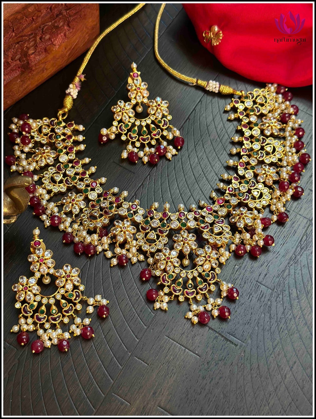 Stone Jewelry Set With Red and Green Stones and White Pearl Danglers ...