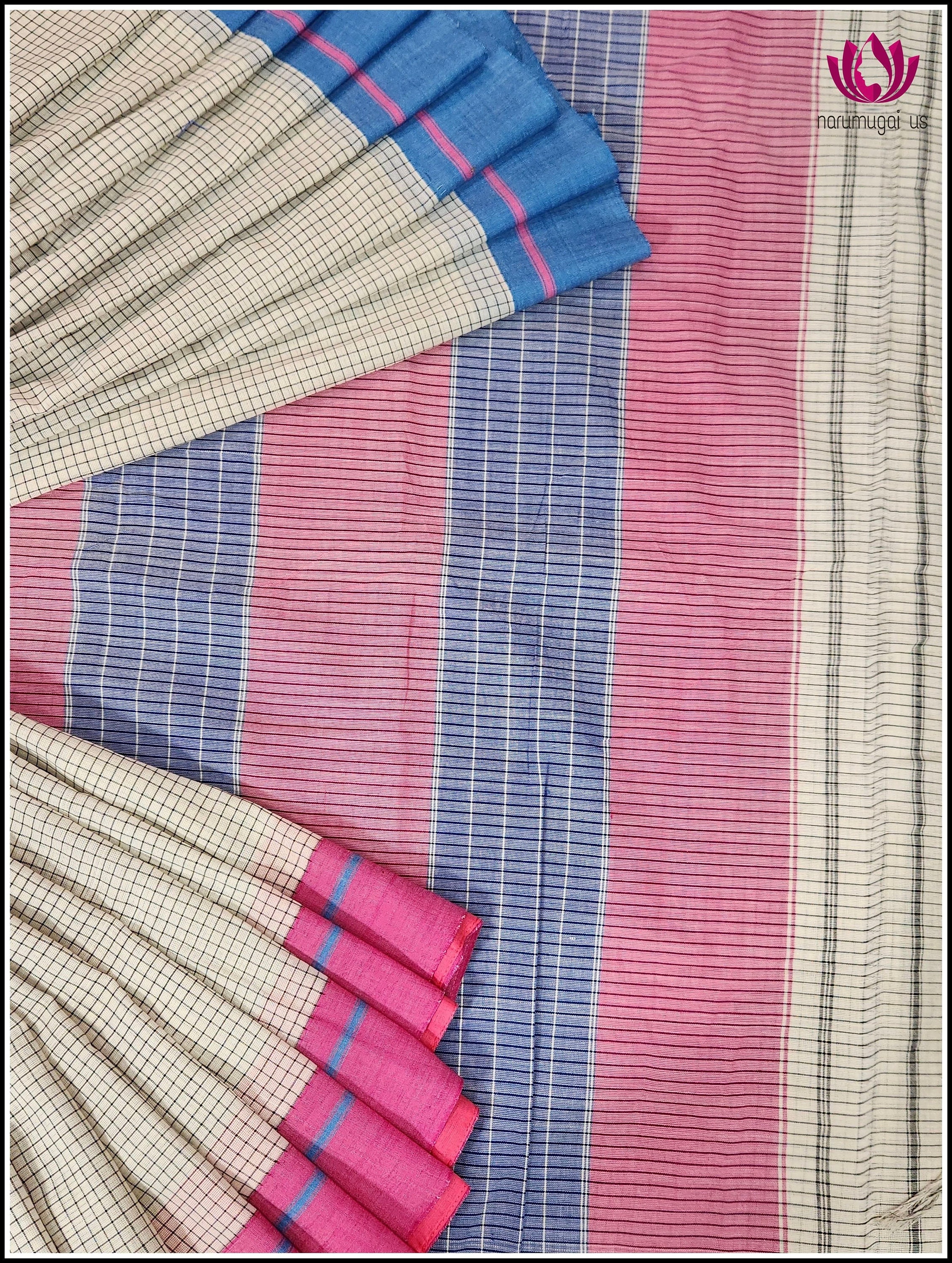Patteda Anchu Saree in Half White Checked With Ganga Jamuna Border ...