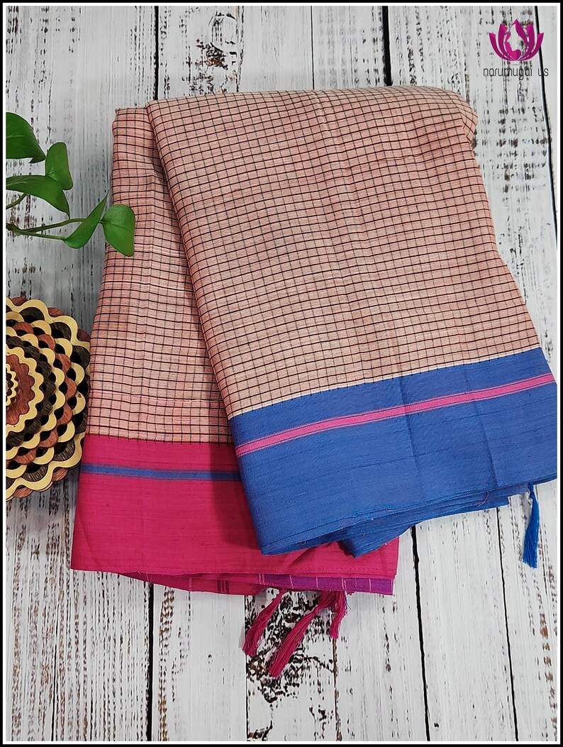 Patteda Anchu Saree in Pastel Peach Checked With Ganga Jamuna Border Handloom Mark Certified - Etsy