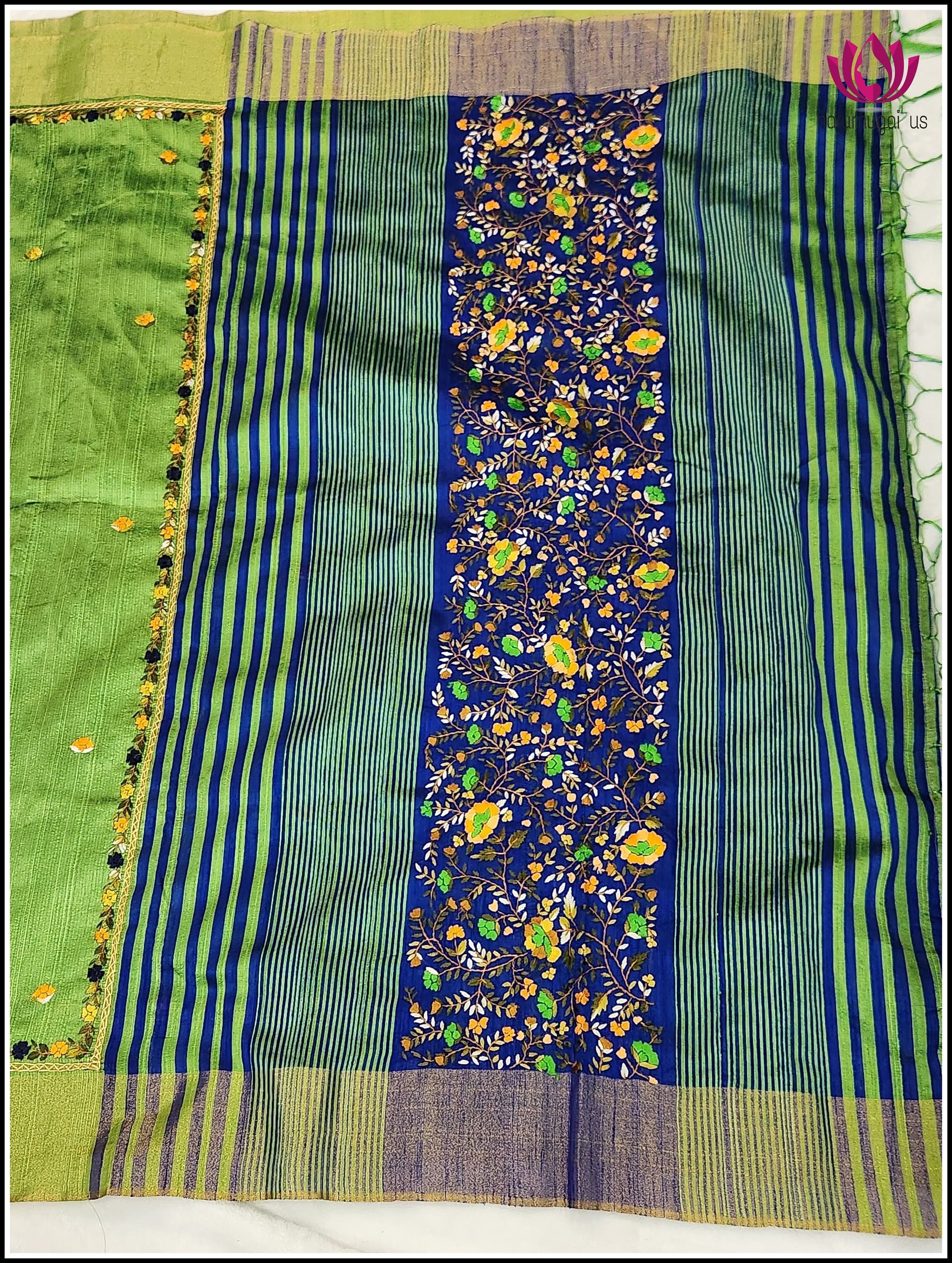 Cotton Jute Silk Saree in Green With Hand Embroidered Designs - Etsy