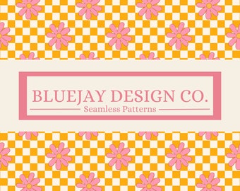 Pink Groovy Checkered Daisy Seamless Pattern Pink Hippie Daisy Seamless ...