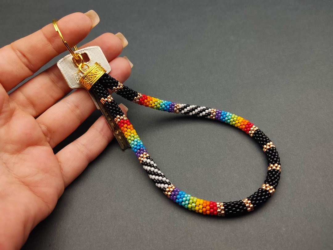 Handmade Short Wrist Lanyard Keychain With Vibrant Rainbow Beadwork ...