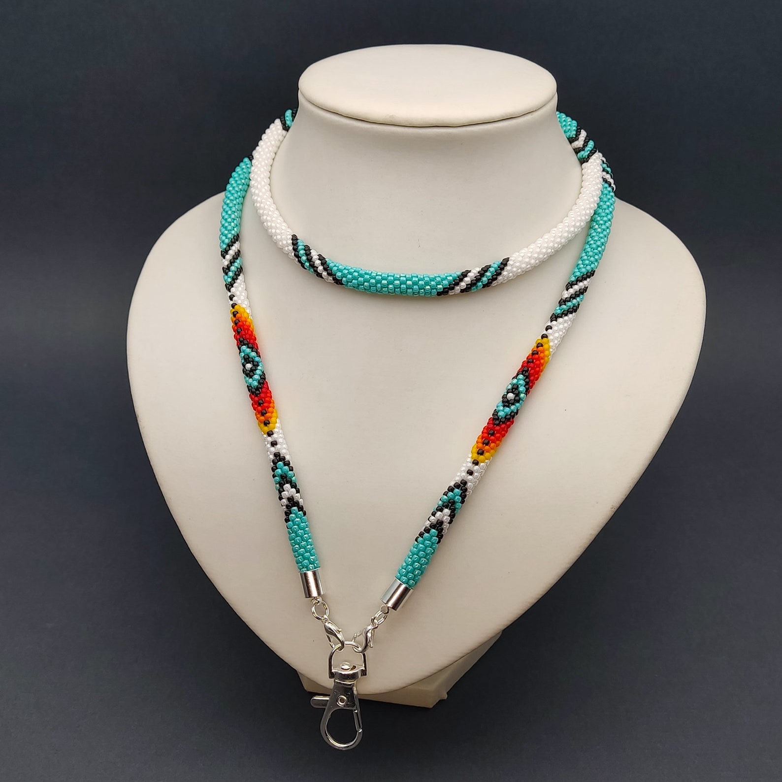 Turquoise Beaded Lanyard for Badge, Native American Style, Beaded ...