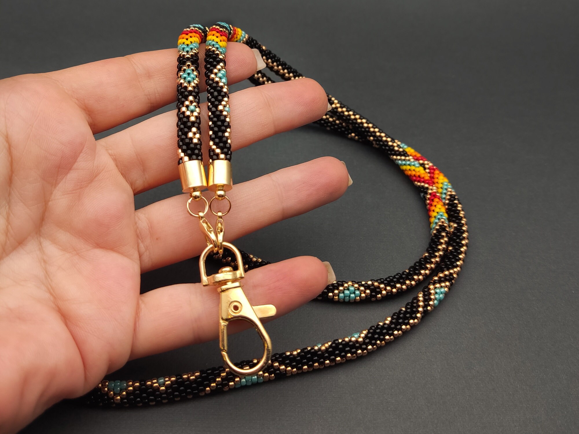 Black Beaded Lanyard for Teachers - Breakaway - Ethnic Style ID Card ...