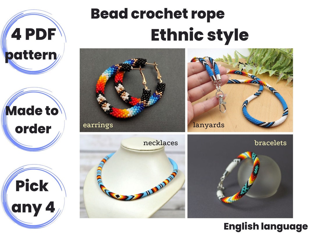 Bead Crochet Jewelry Pattern, Ethnic Style, Crochet Rope PDF Pattern, 4 PDF Patterns, Crochet ...