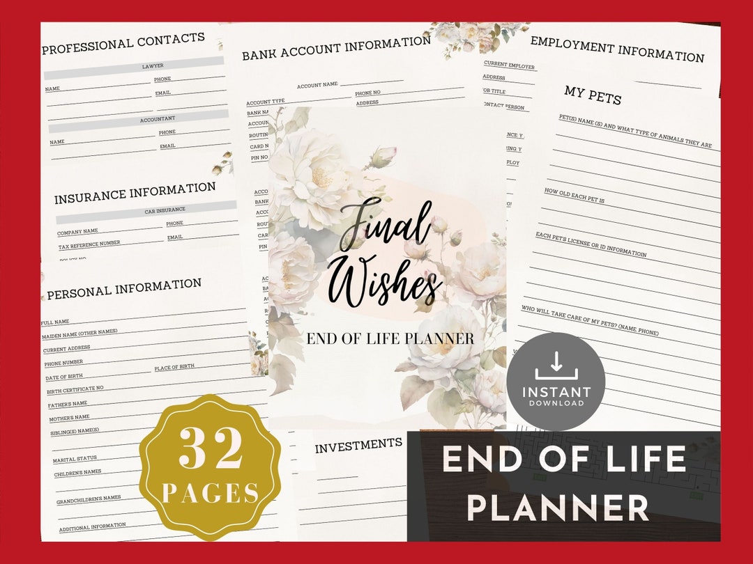 End of Life Planner Printable, Beneficiary Info, Final Wish Planner, Possession Planning Binder ...