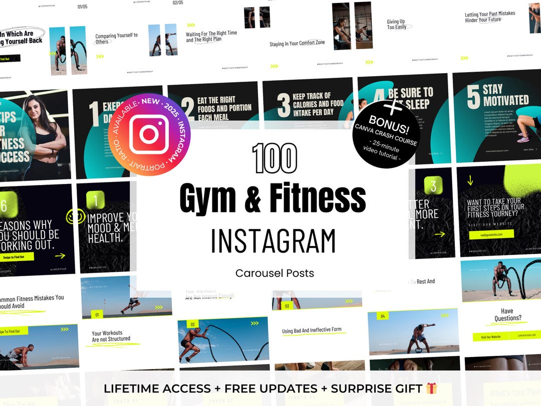 100 Gym & Fitness Instagram Carousels Canva Templates Bundle - Fitness ...
