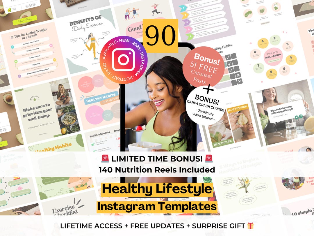 90 Healthy Lifestyle Instagram Canva Templates - Health & Wellness ...