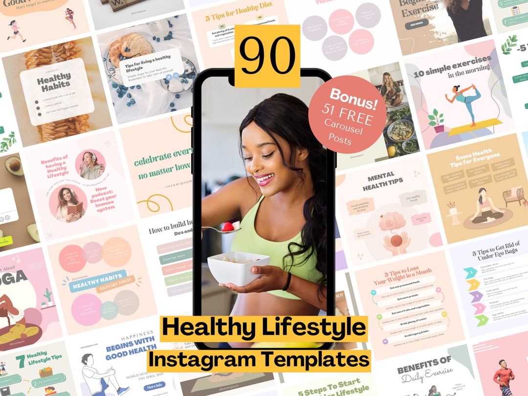 90 Healthy Lifestyle Instagram Canva Templates Health & Wellness ...