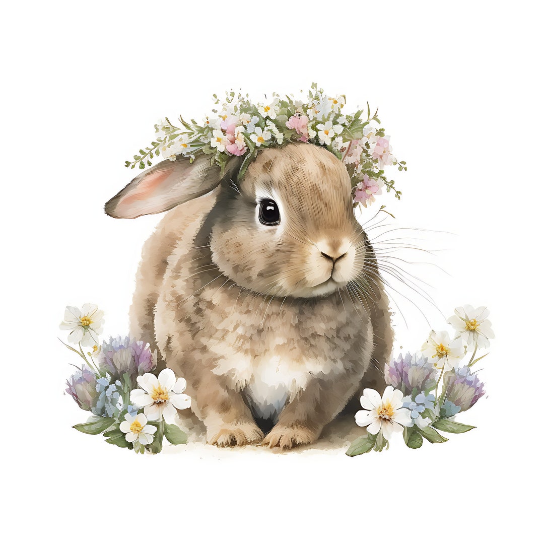 Bunnies With Flower Wreaths Clipart, Watercolor, Commercial Use ...