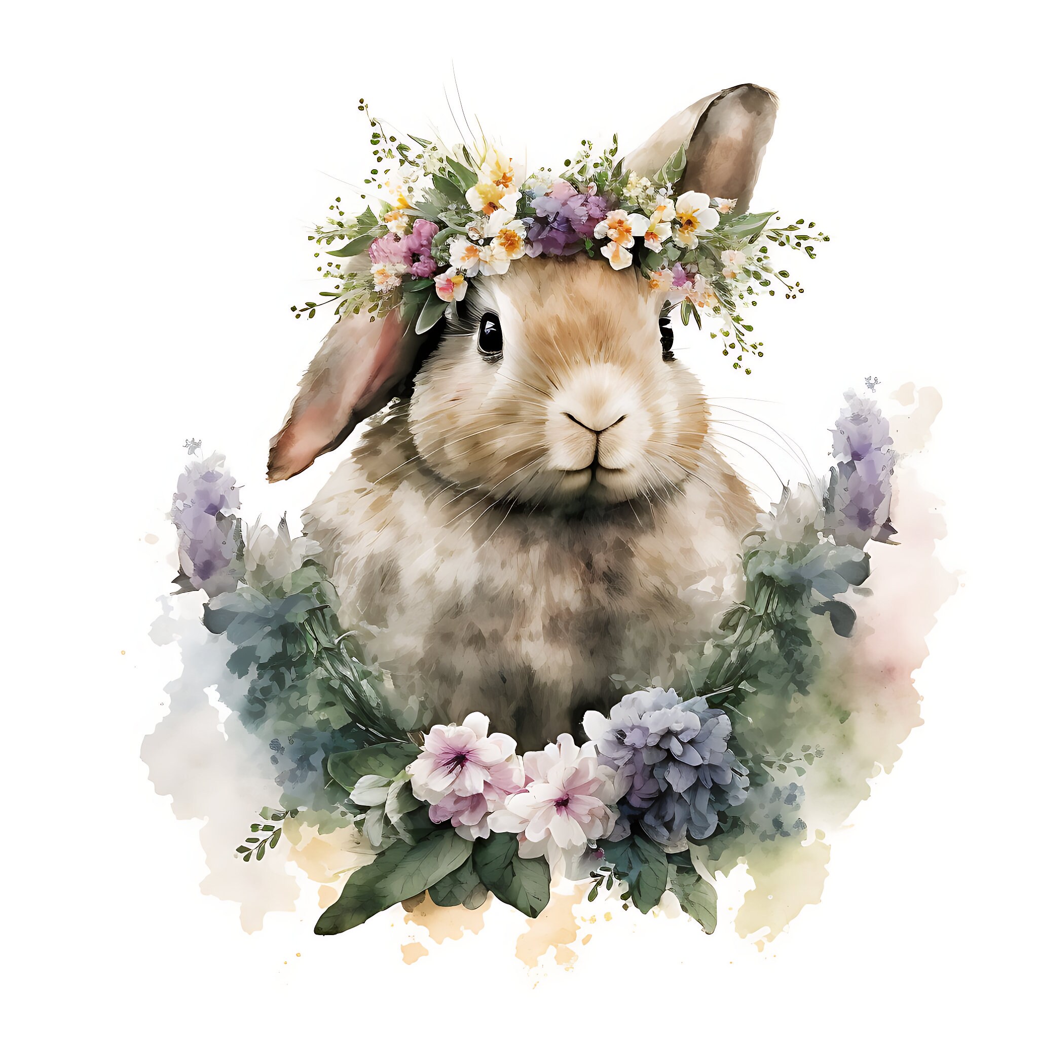Bunnies With Flower Wreaths Clipart, Watercolor, Commercial Use ...