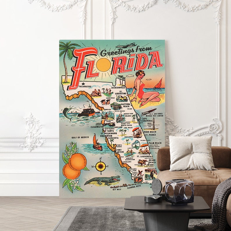 Florida Tourism Tourist Map Vintage Travel Poster - High Quality Canvas ...