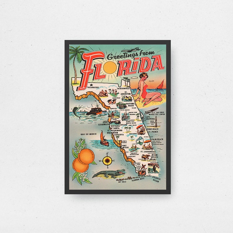Florida Tourism Tourist Map Vintage Travel Poster - High Quality Canvas ...