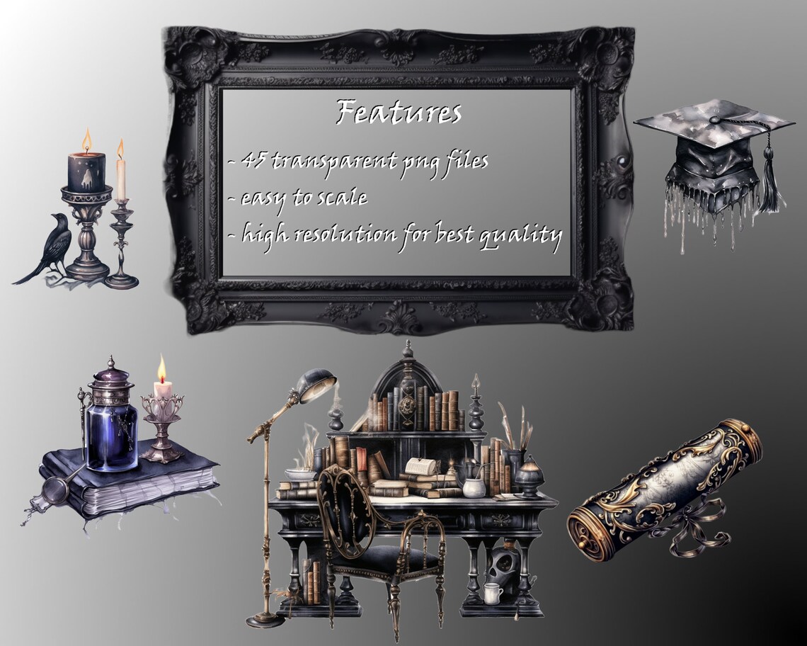 Dark Academia Clipart Bundle Gothic PNG Set Fantasy Clipart - Etsy