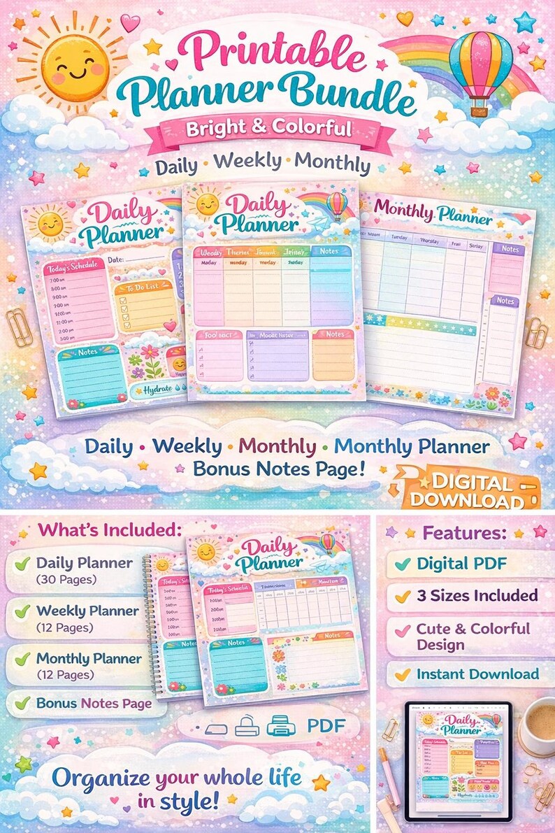 Colorful Daily Planner Printable | Schedule, to Do List (digital ...