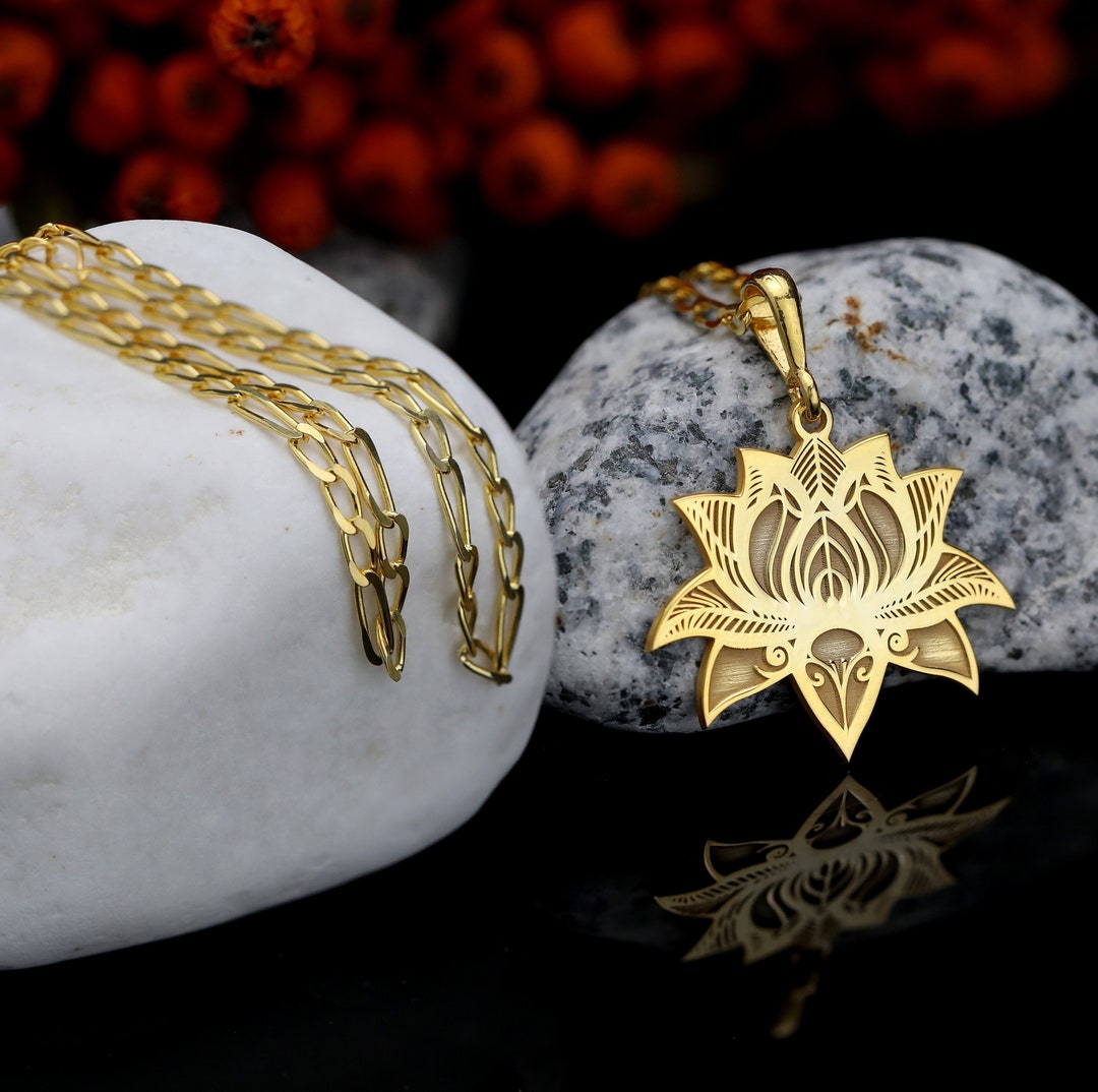 14K Real Gold Lotus Pendant, Lotus Necklace, Personalized Lotus Charm ...