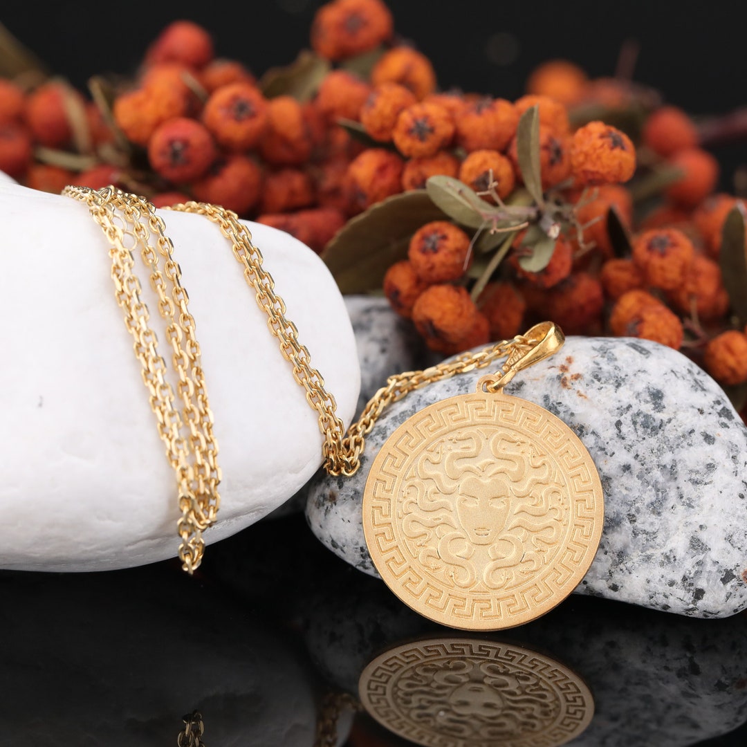 14K Solid Gold Medusa Necklace Greek Mythology Necklace - Etsy