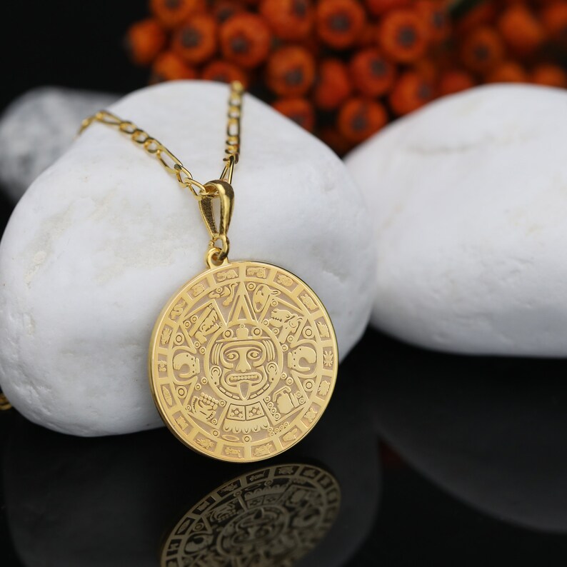 14k Real Gold Aztec Calendar Necklace Personalized Mayan Sun - Etsy