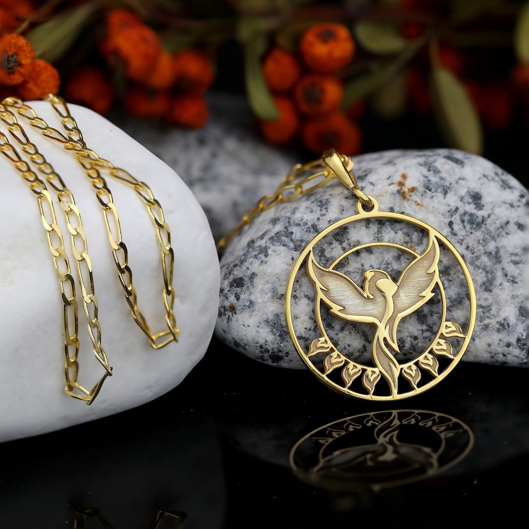 14K Gold Phoenix Necklace, Solid Gold Rising Phoenix Pendant, Dainty ...