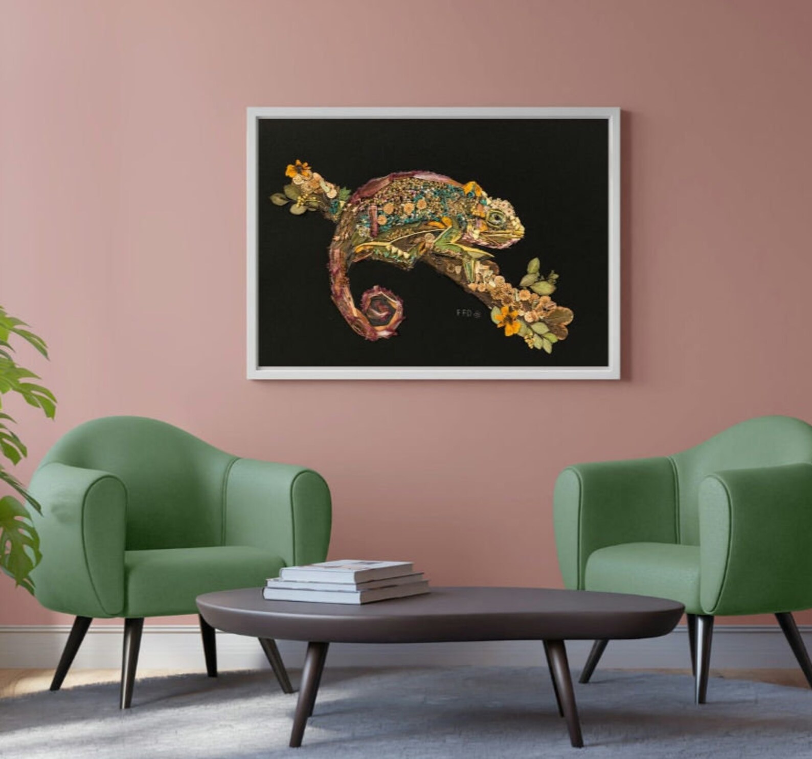 Pressed Flower Chameleon Art Print Natural Whimsical Animal Floral Artwork Aesthetic Critter ...