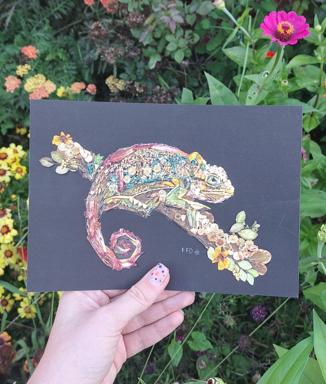 Pressed Flower Chameleon Art Print Natural Whimsical Animal Floral Artwork Aesthetic Critter ...
