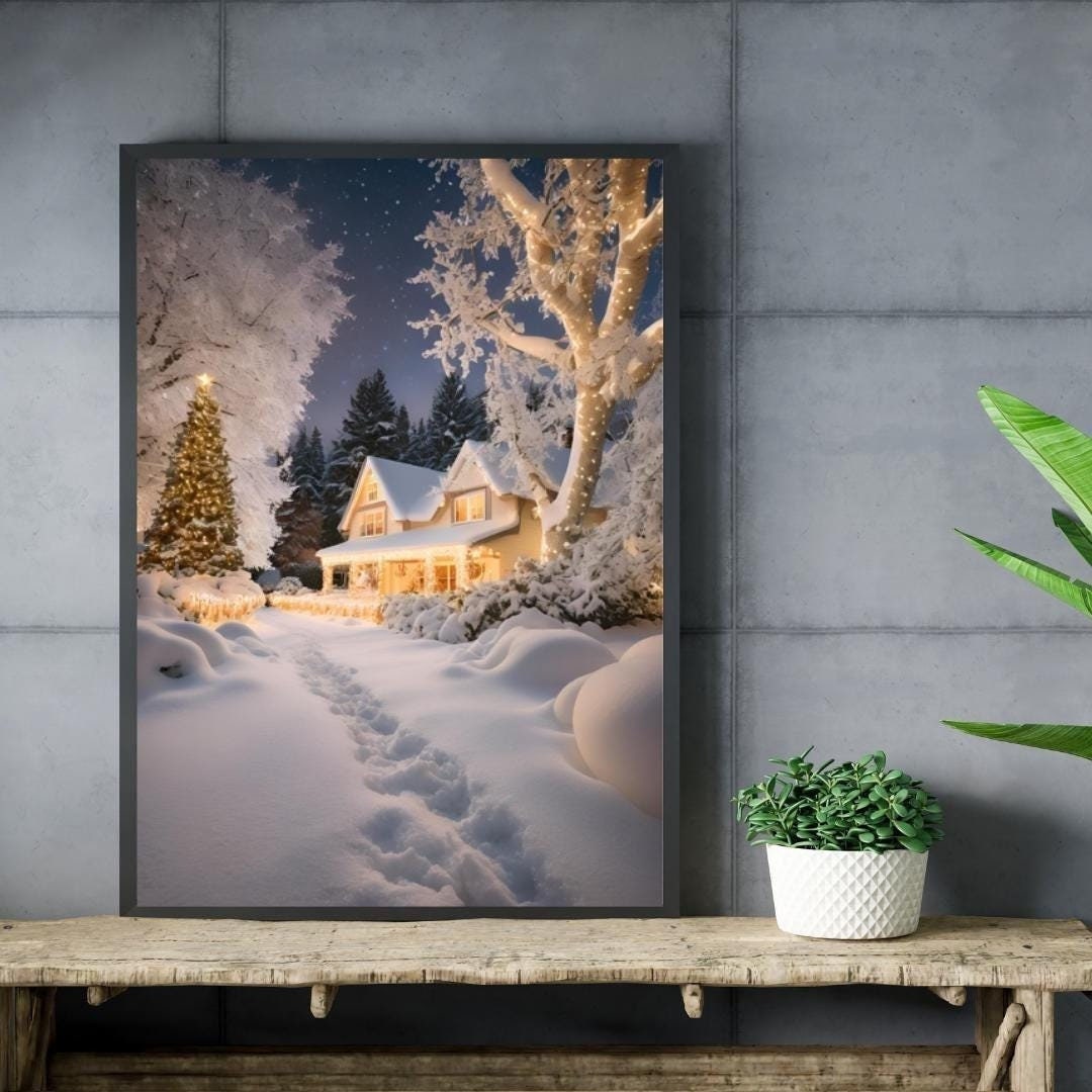 Digital Poster Snowy Landscape & Decorated House - Christmas, Holiday ...