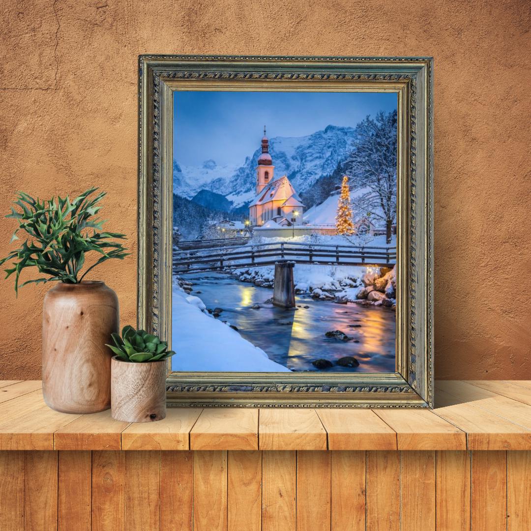 Landscape Print Poster - Premium Snowy Village and Mountain, Wall Art ...