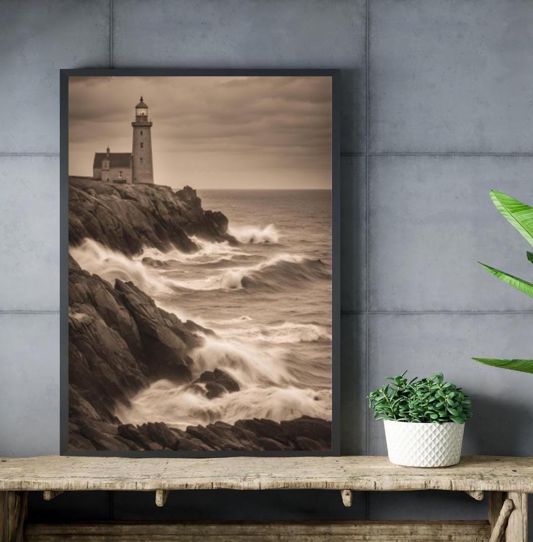 Sepia Landscape Digital Poster, Ocean Poster, Lighthouse Wall Art ...