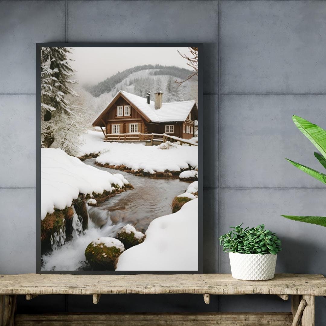 CHALET & Snowy Landscape Digital Poster, Snow Wall Art, Mountain Poster ...